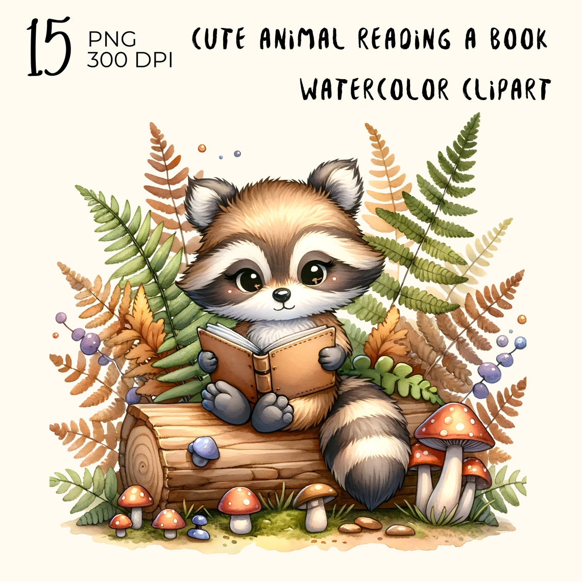 15 PNG Files : Cute Animal Reading a Book, Cute Summer Animal Clipart ...