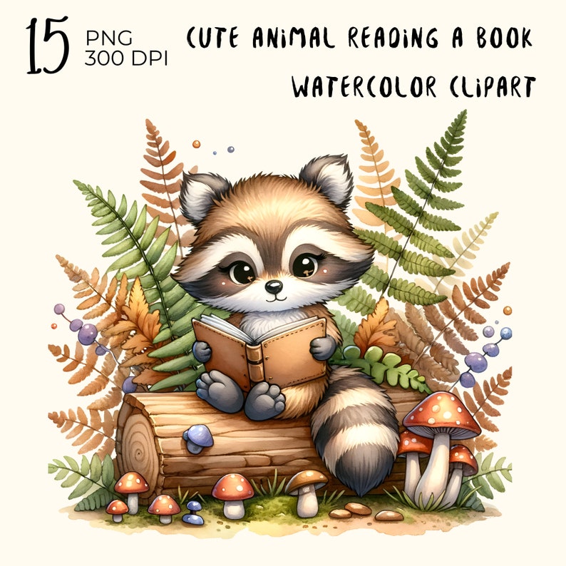 15 PNG Files : Cute Animal Reading a Book, Cute Summer Animal Clipart ...