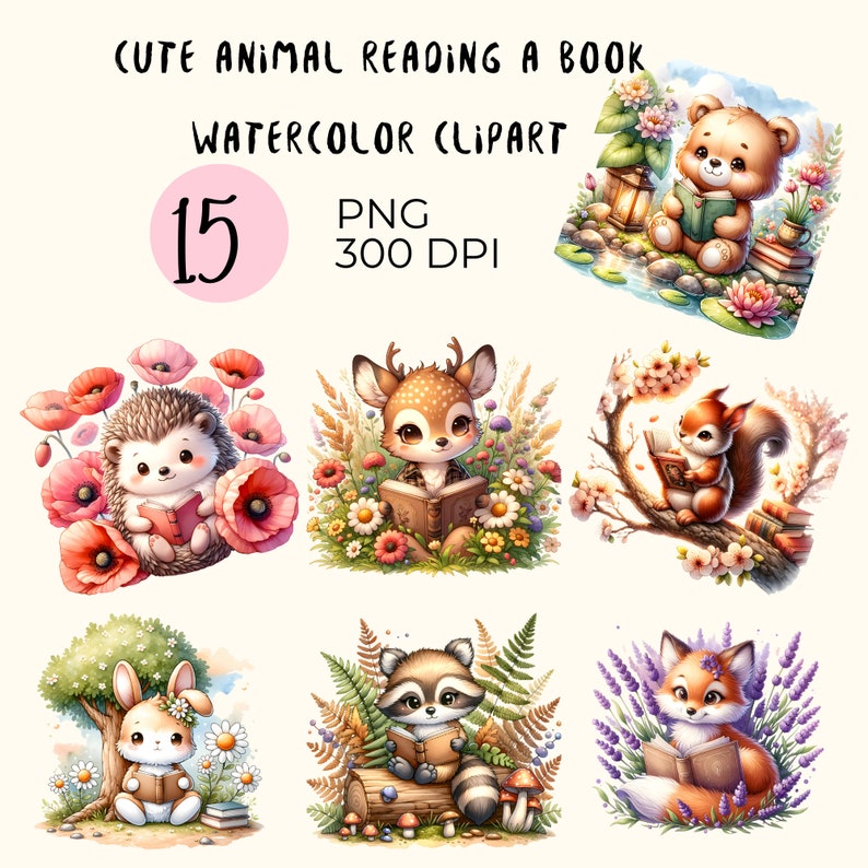 15 PNG Files : Cute Animal Reading a Book, Cute Summer Animal Clipart ...