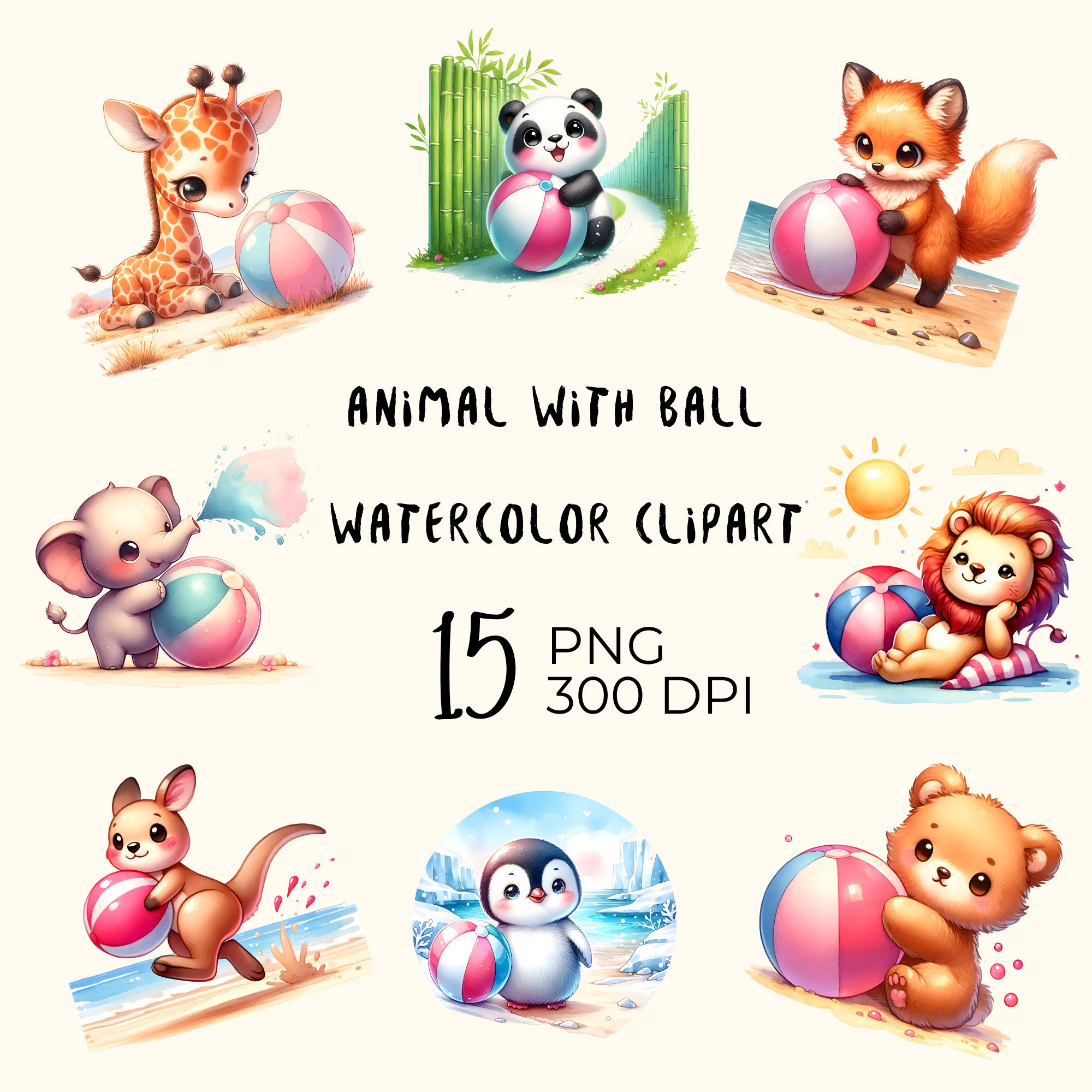 15 PNG Files : Animal With Ball, Watercolor Cute Animal, Watercolor Png ...