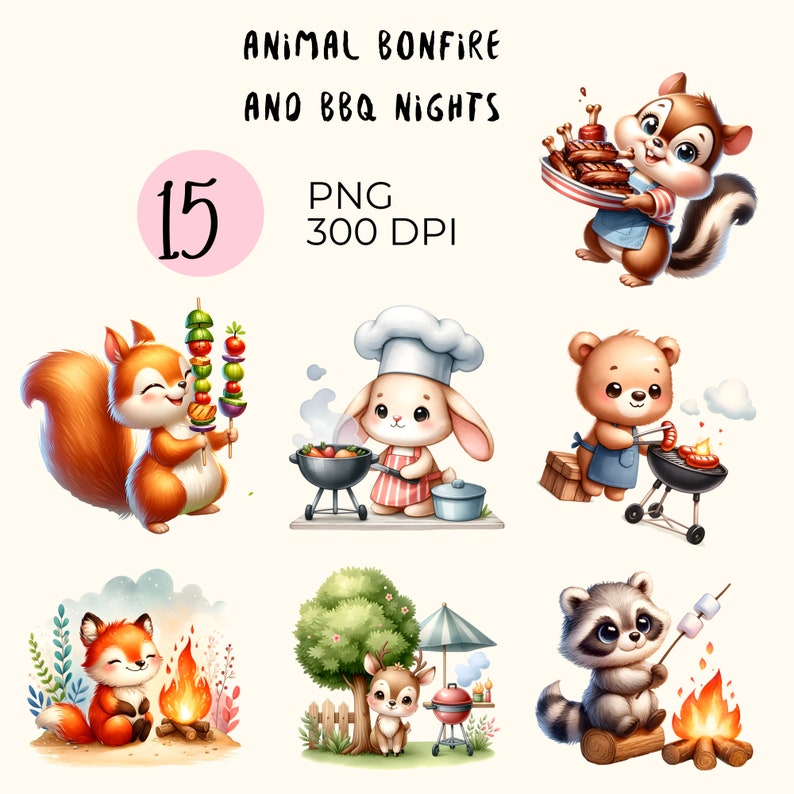 15 PNG Files : Animal Bonfire and BBQ Nights, Watercolor Cute Animal ...