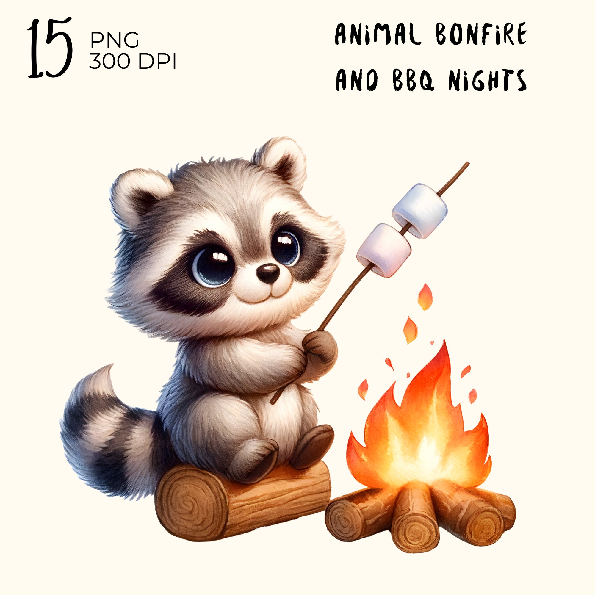 15 PNG Files : Animal Bonfire and BBQ Nights, Watercolor Cute Animal ...