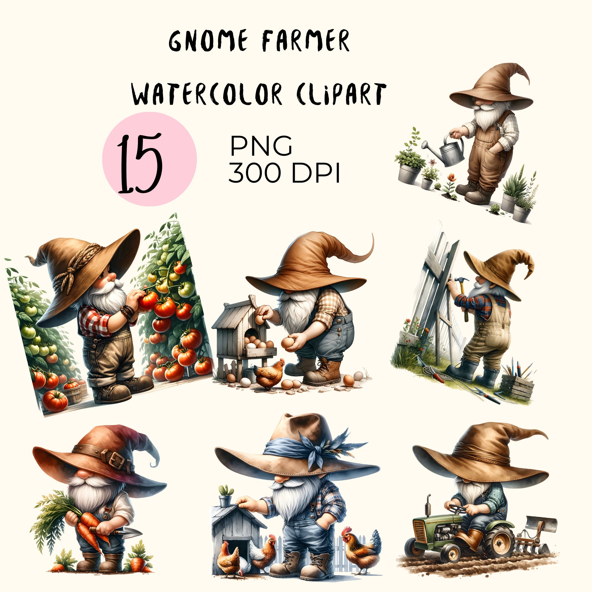 15 PNG Files : Gnome Farmer Clipart, Watercolor Gnome Png, Watercolor ...