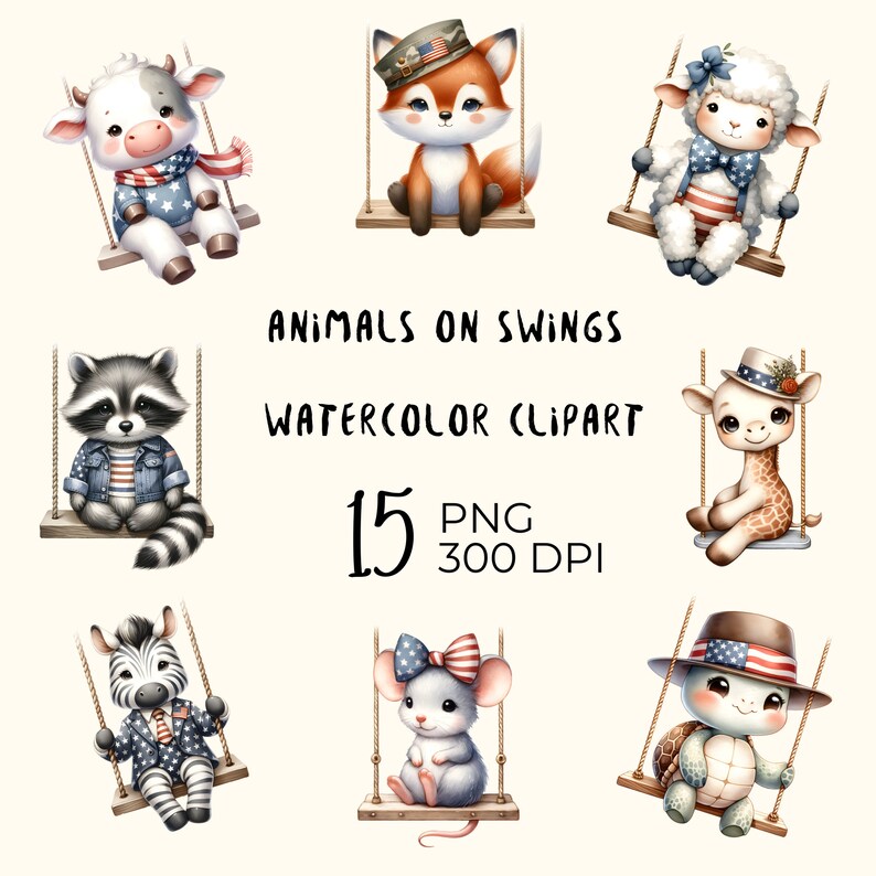 15 Png Files : Animals on Swings, Patriotic Animal, Watercolor 4th of ...