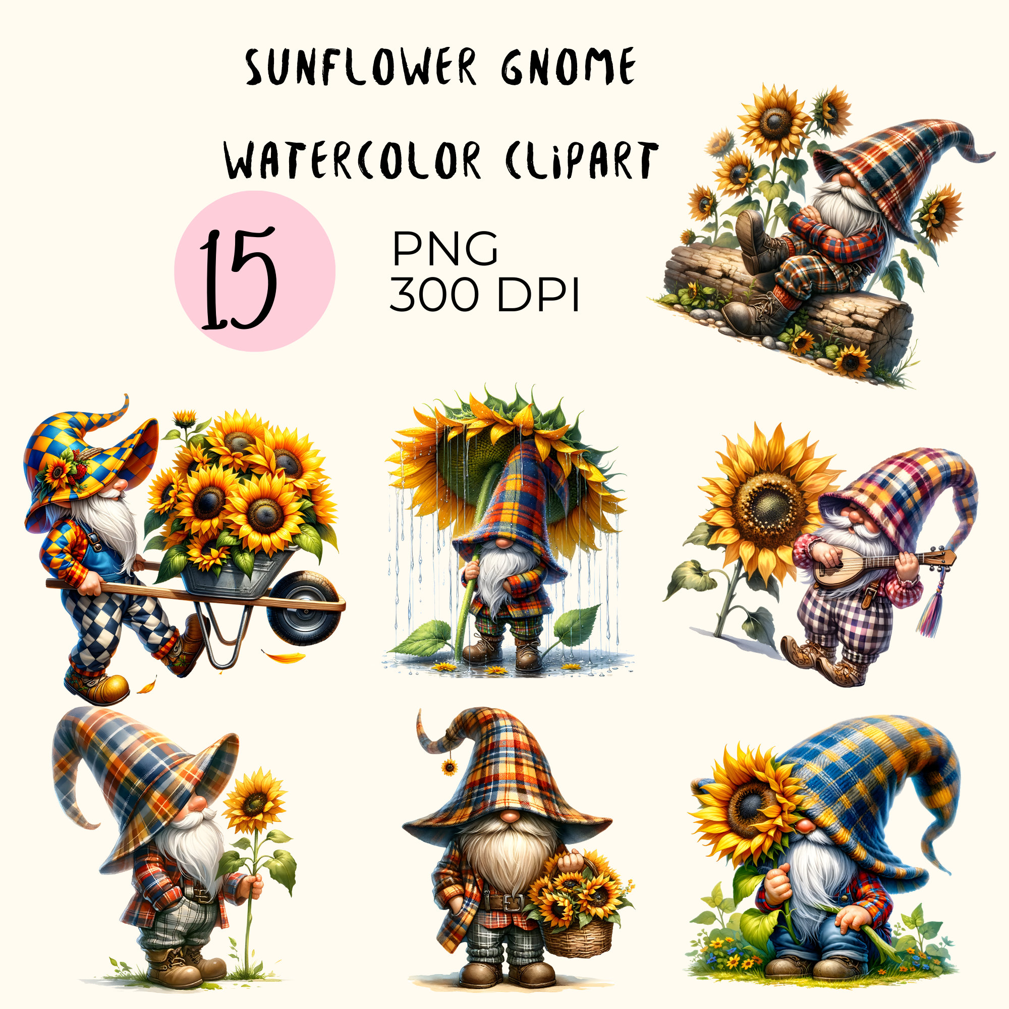 15 PNG Files : Sunflower Gnome, Watercolor Gnome, Watercolor Gnome Png ...