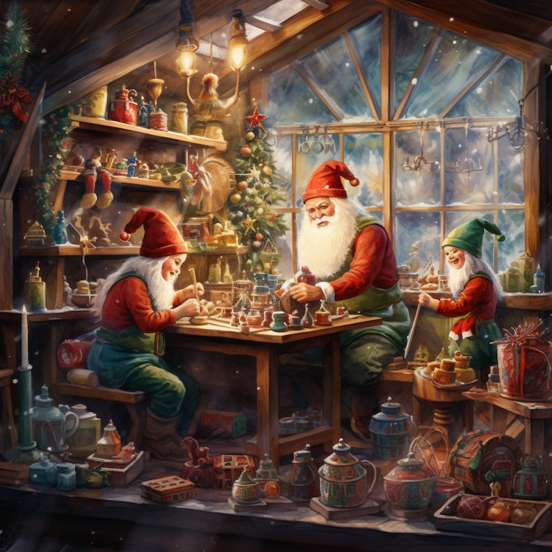 Watercolor Christmas Santa's Workshop, Digital Download, Card Making ...