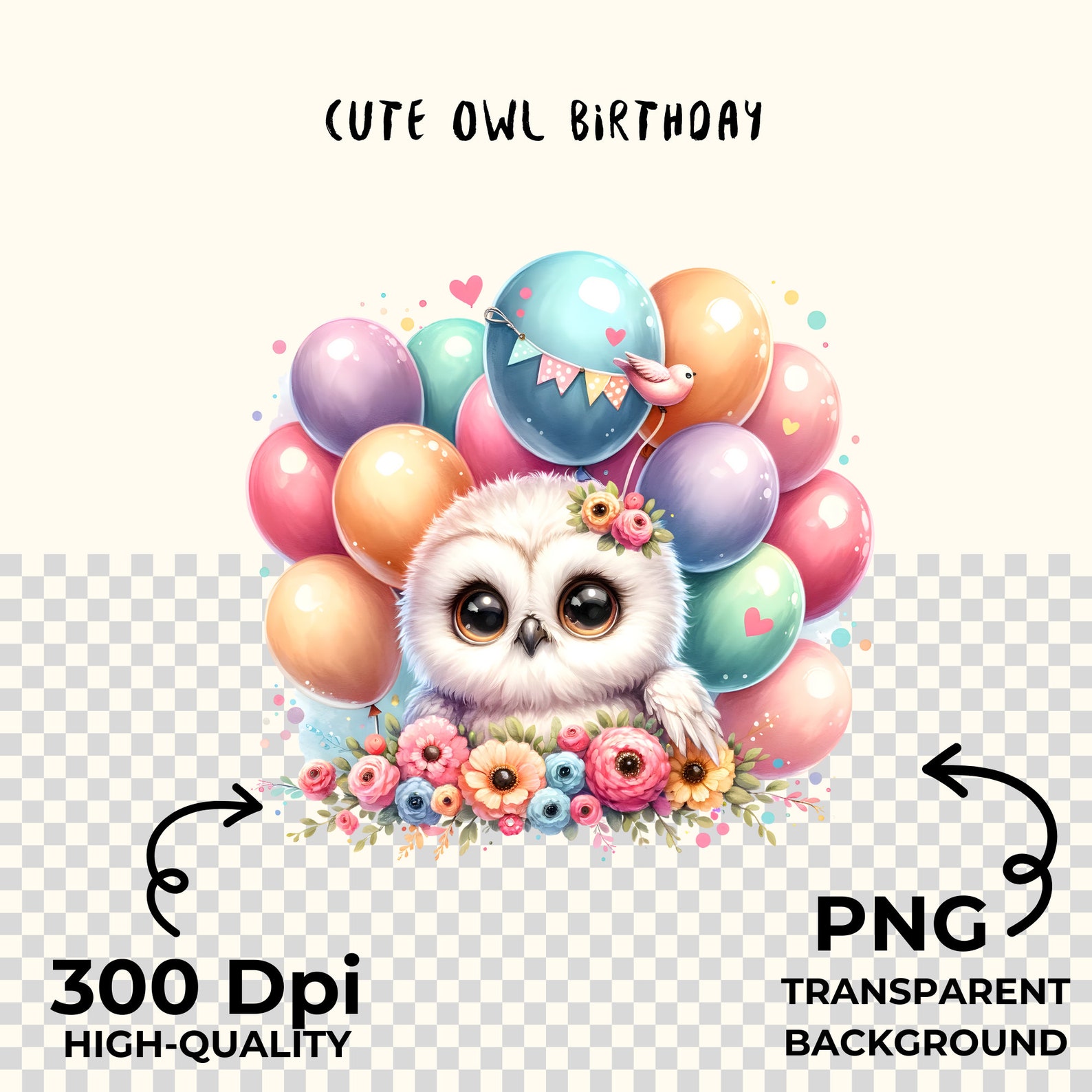 15 PNG Files : Cute Owl With a Birthday Banner, Watercolor Cute Owl ...