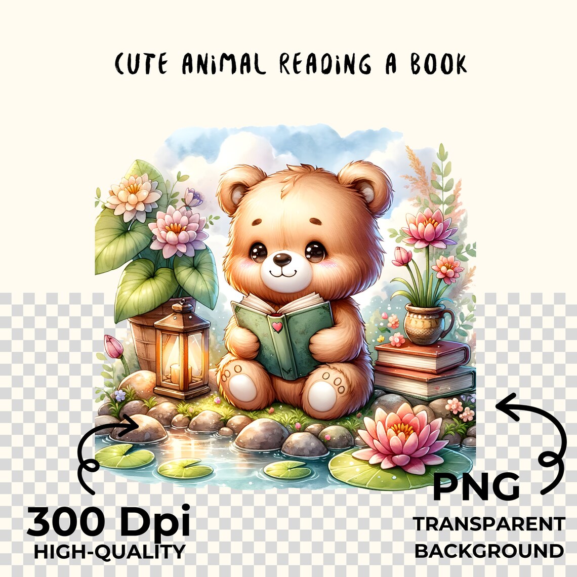 15 PNG Files : Cute Animal Reading a Book, Cute Summer Animal Clipart ...