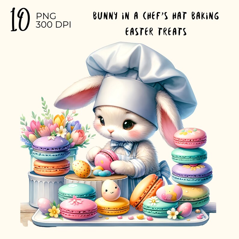 10 PNG Files : Bunny in a Chef's Hat Baking Easter Treats, Watercolor ...