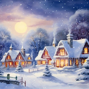 Watercolor Christmas Holiday Village, Digital Download, Card Making ...