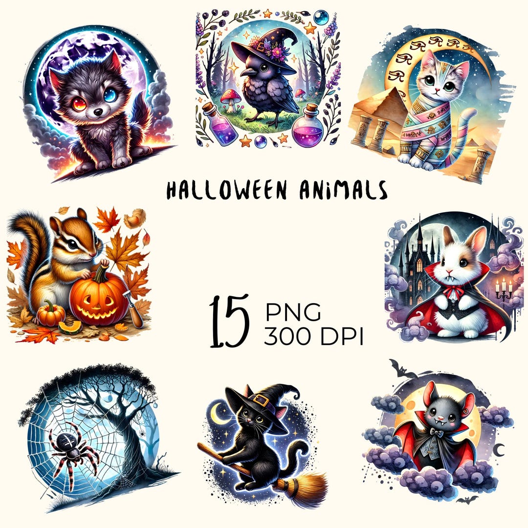 15 PNG : Halloween Animals Clipart, Happy Halloween, Watercolor ...