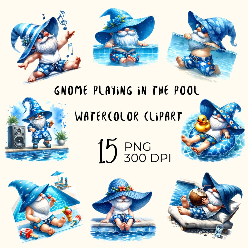 15 PNG Files : Gnome Playing in the Pool, Summer Gnome, Watercolor ...