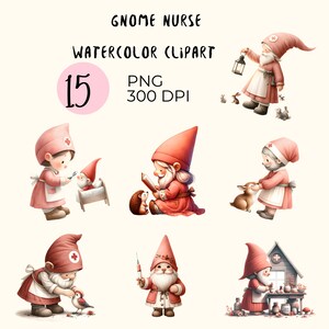 15 PNG Files : Gnome Nurse Clipart, Watercolor Gnome Clipart, Green ...