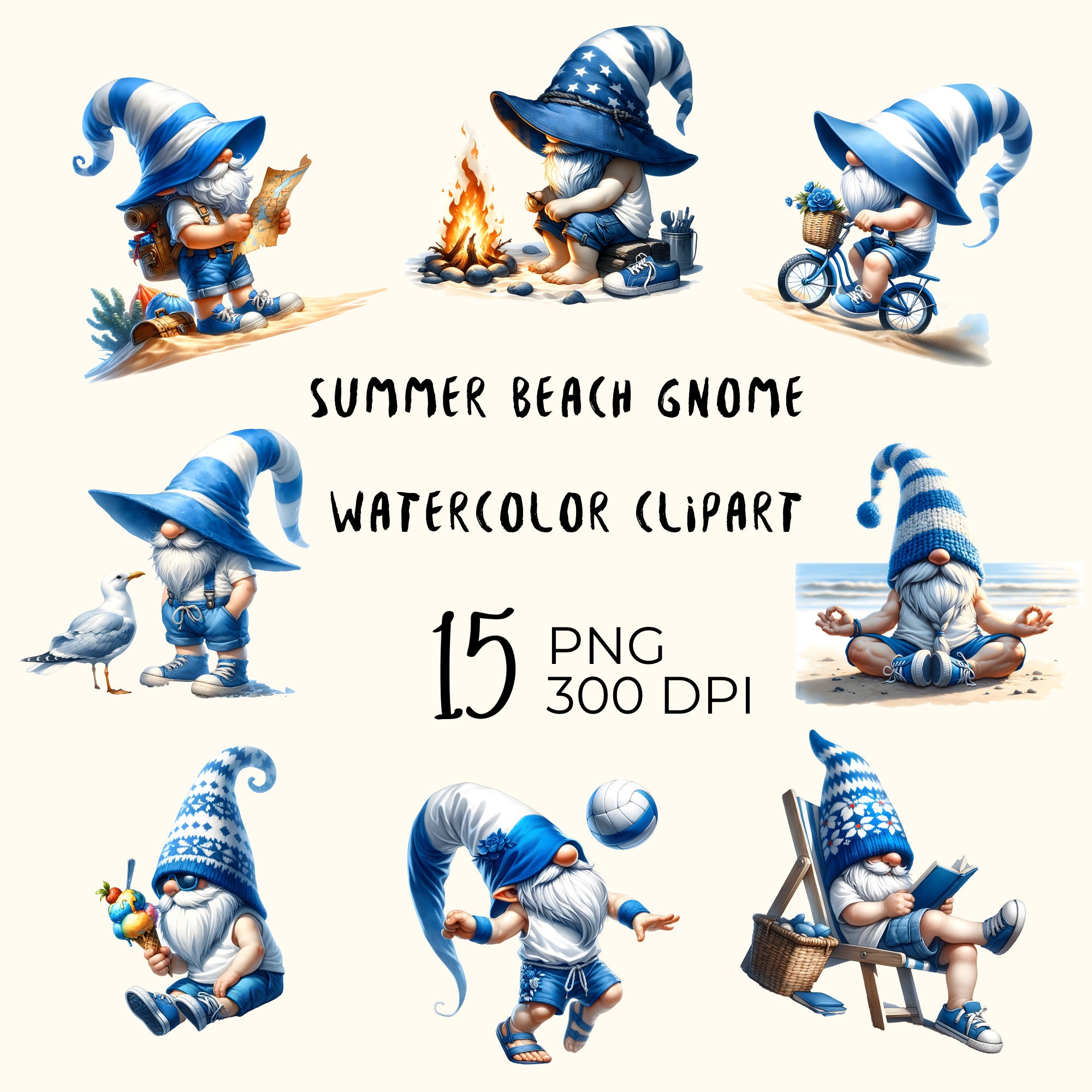 15 PNG Files : Watercolor Summer Beach Gnome Clipart, Blue Gnome Png ...