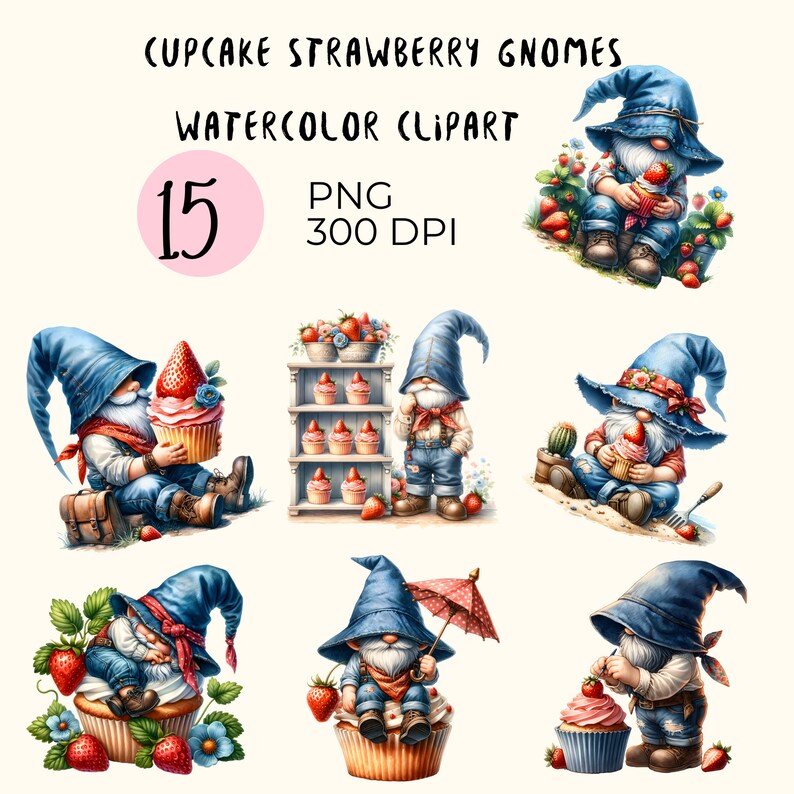 15 PNG Files : Cupcake Strawberry Gnomes, Summer Gnome, Watercolor ...