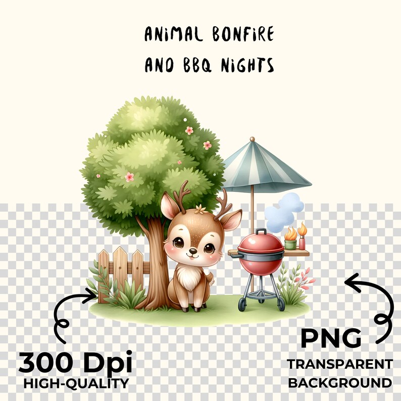 15 PNG Files : Animal Bonfire and BBQ Nights, Watercolor Cute Animal ...