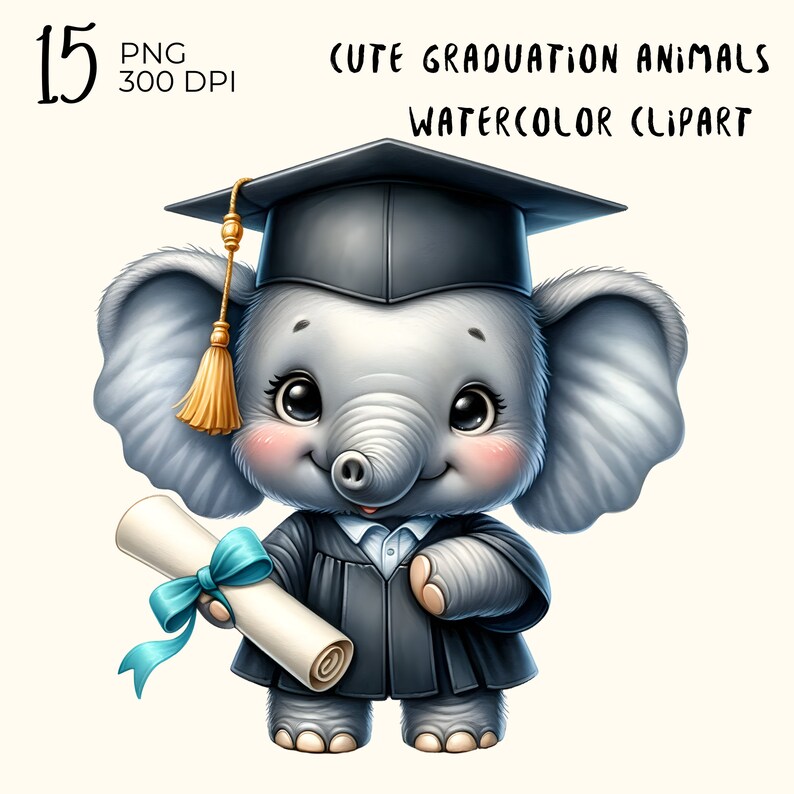 15 PNG Files : Cute Graduation Animals, Watercolor Cute Animal ...