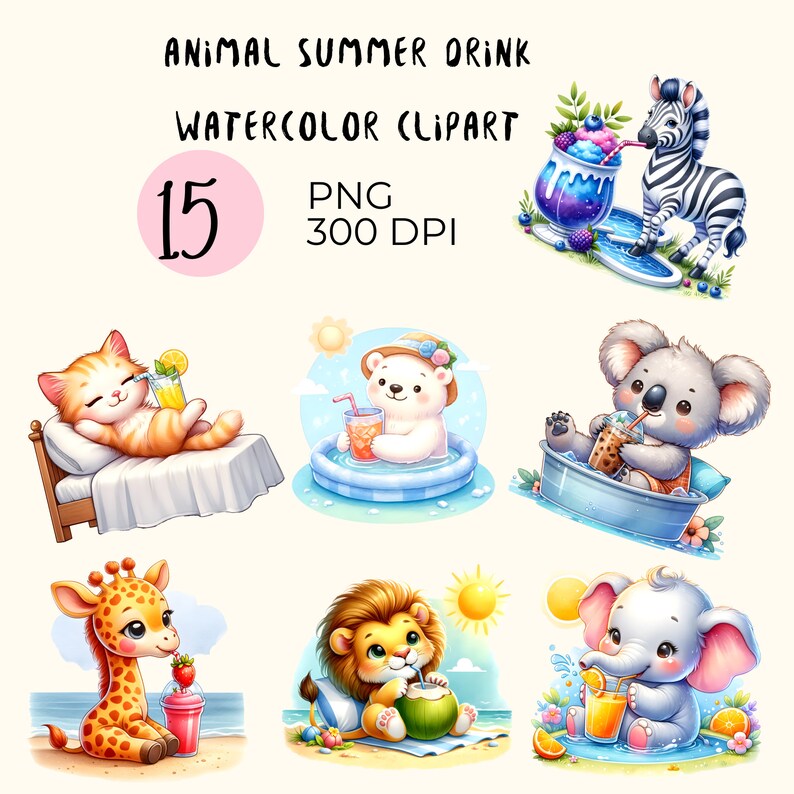 15 PNG Files : Animal Summer Drink, Watercolor Cute Animal, Watercolor ...