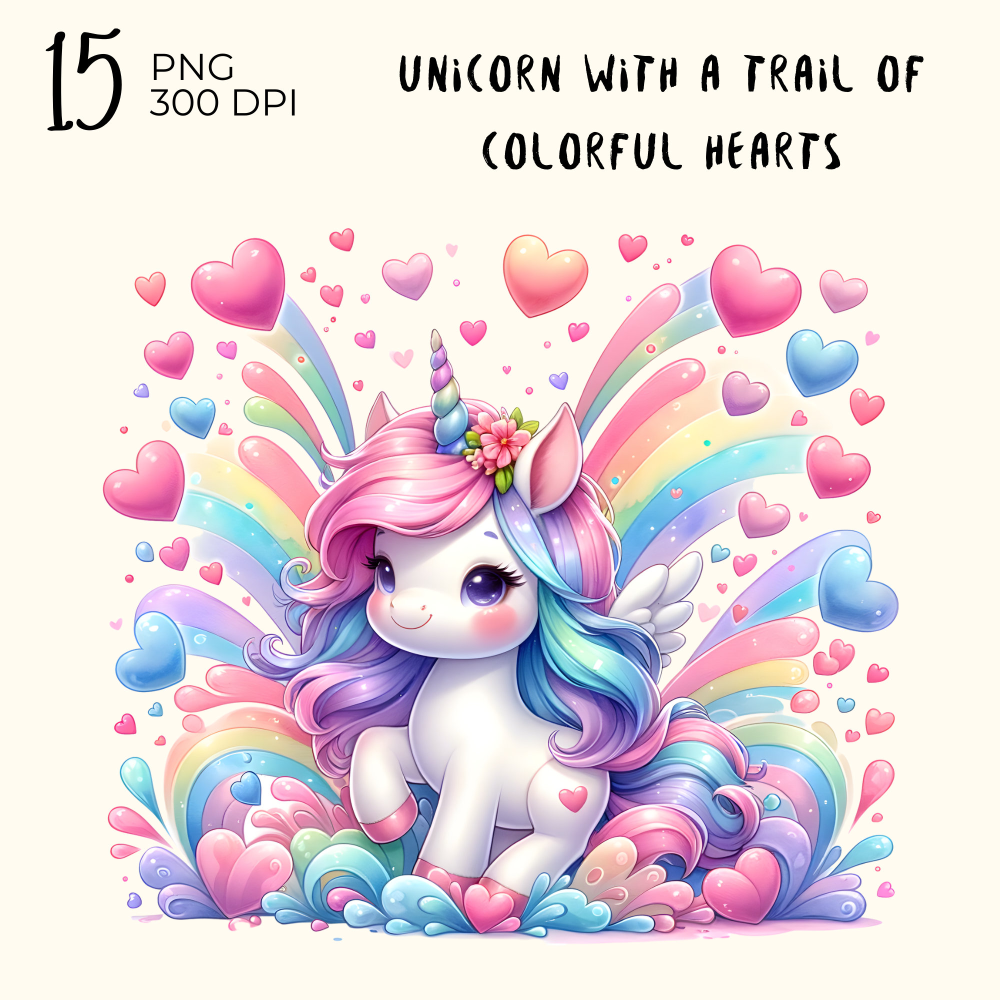 Watercolor Unicorn Clipart: Colorful Hearts Trail (PNG Digital Download ...