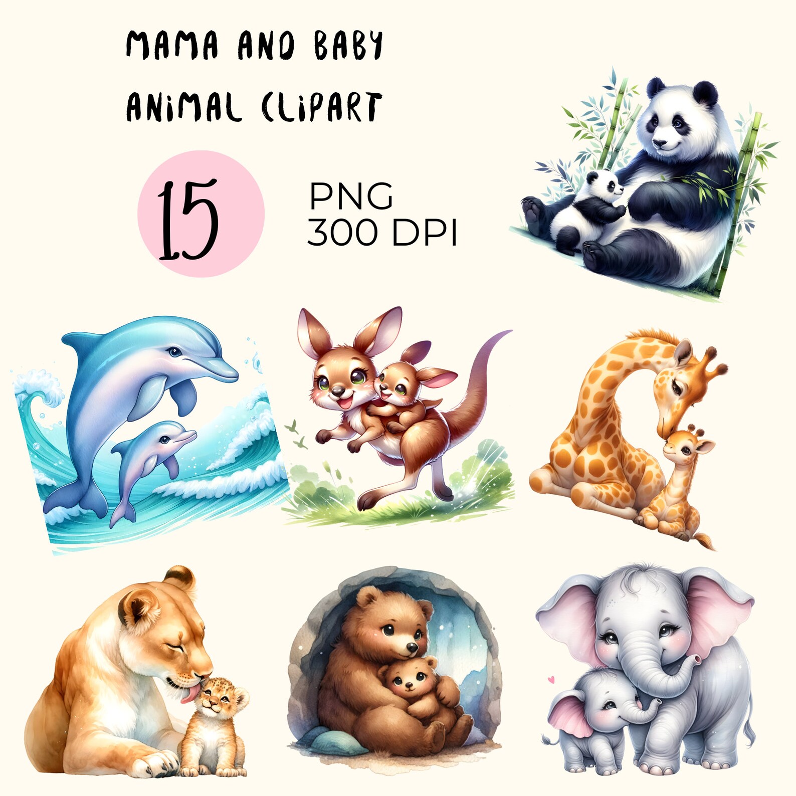 15 PNG Files : Mama and Baby Animal, Watercolor Cute Animal, Watercolor ...