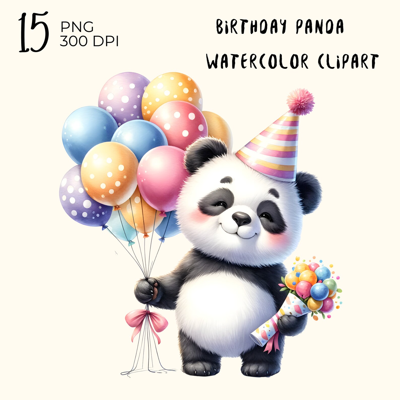 15 PNG Files : Birthday Panda With a Party Hat, Watercolor Panda, Panda ...