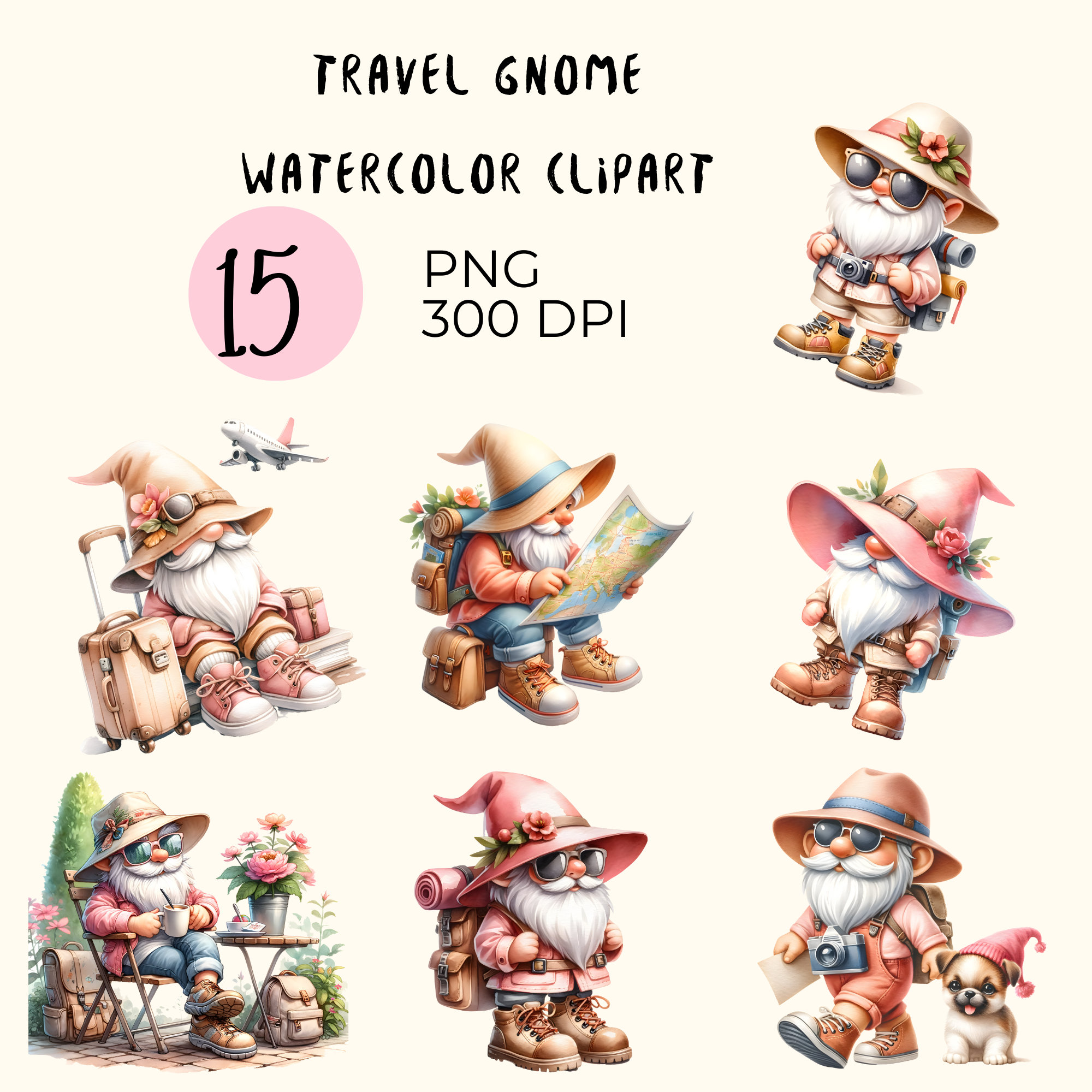 15 PNG Files : Travel Gnome, Tourist Gnome, Summer Gnome, Watercolor ...