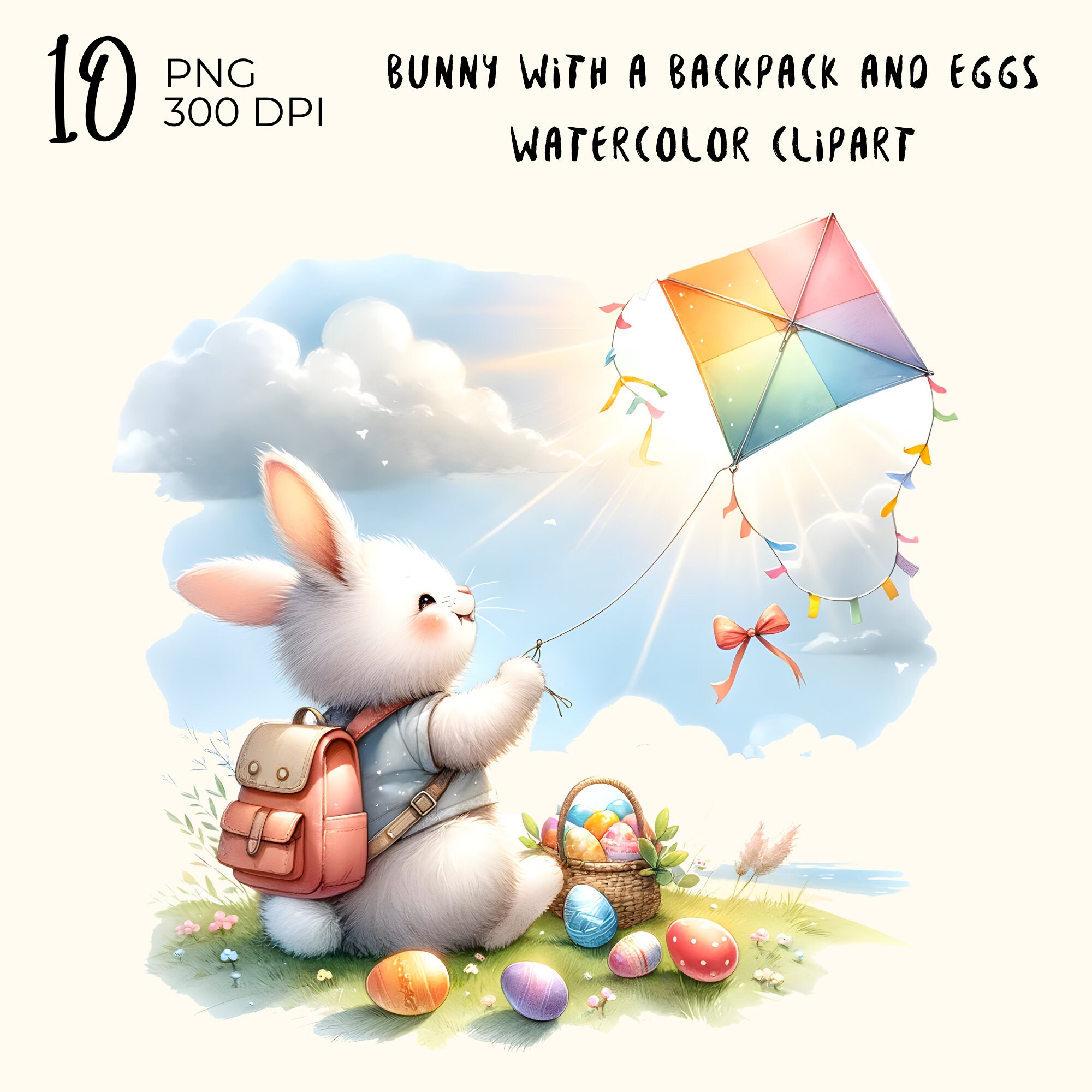10 PNG Files : Bunny With a Backpack and Eggs, Watercolor Bunny Png ...