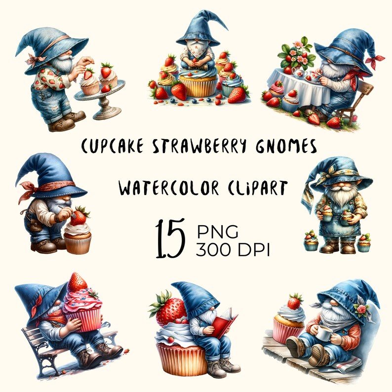 15 PNG Files : Cupcake Strawberry Gnomes, Summer Gnome, Watercolor ...