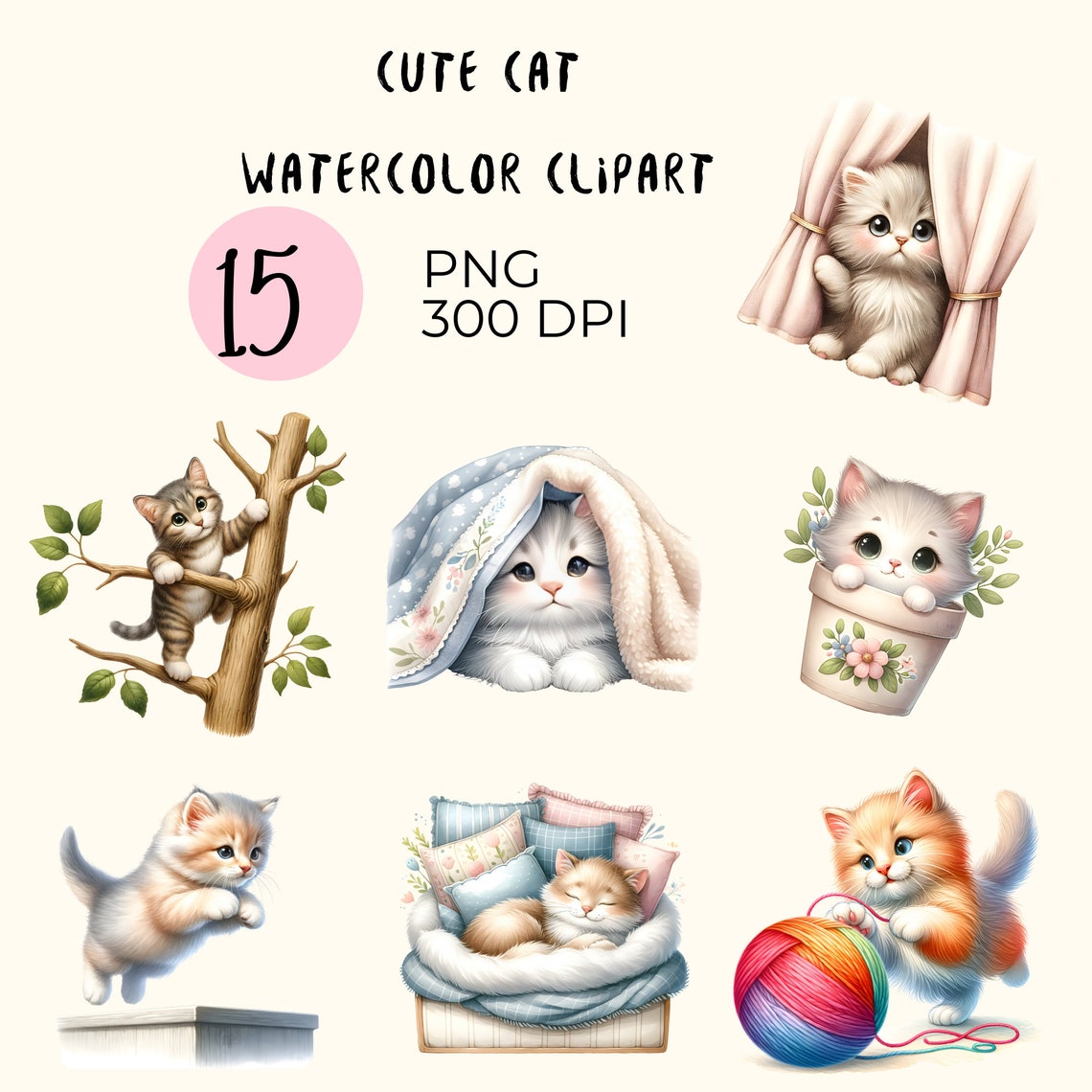 Watercolor Cute Cat Clipart PNG, Nursery Decor With Cute Animals, Cute ...