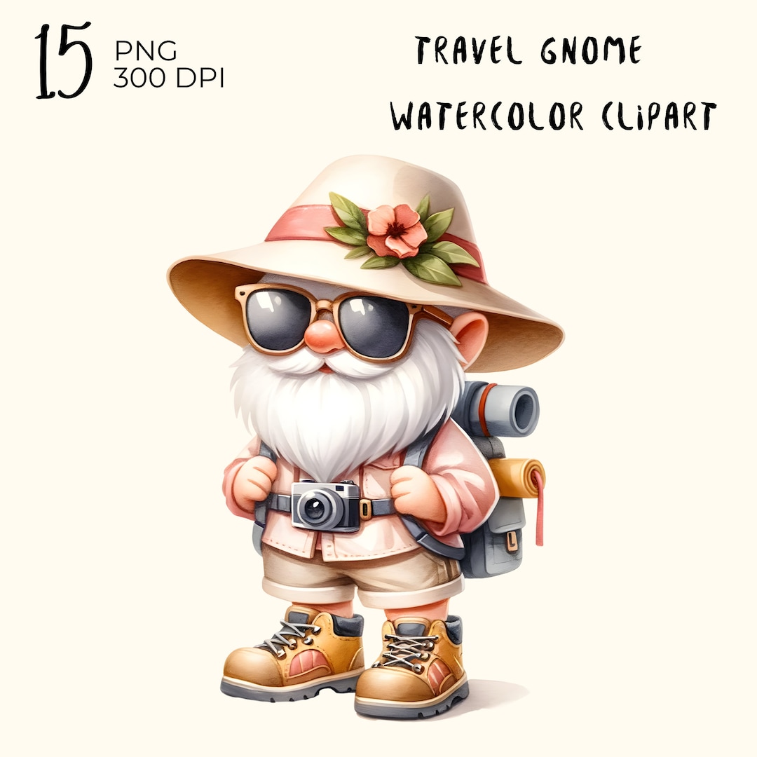 15 PNG Files : Travel Gnome, Tourist Gnome, Summer Gnome, Watercolor ...