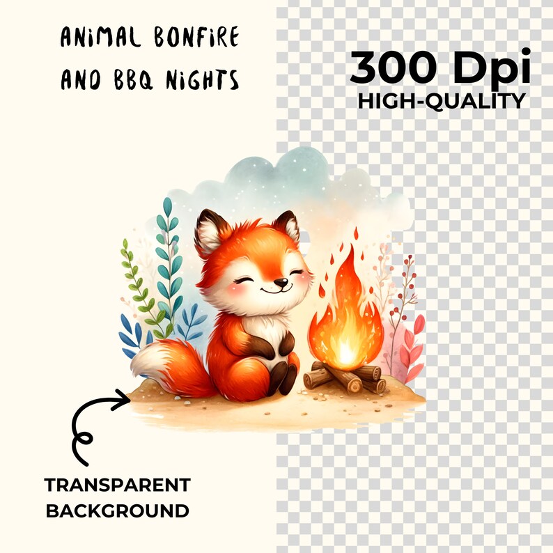 15 PNG Files : Animal Bonfire and BBQ Nights, Watercolor Cute Animal ...