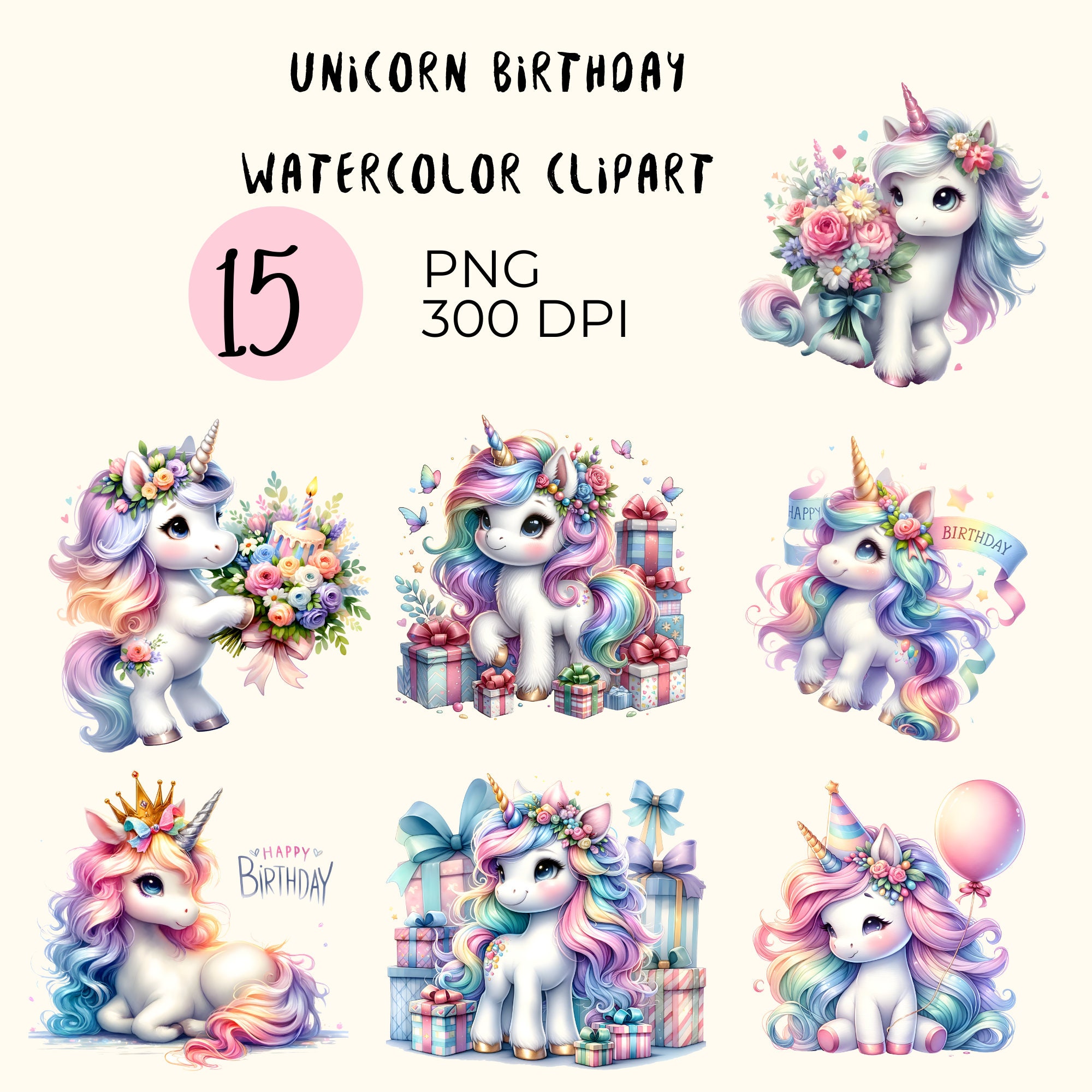 15 PNG Files : Unicorn Birthday Clipart, Cute Unicorn, Kawaii Unicorn ...