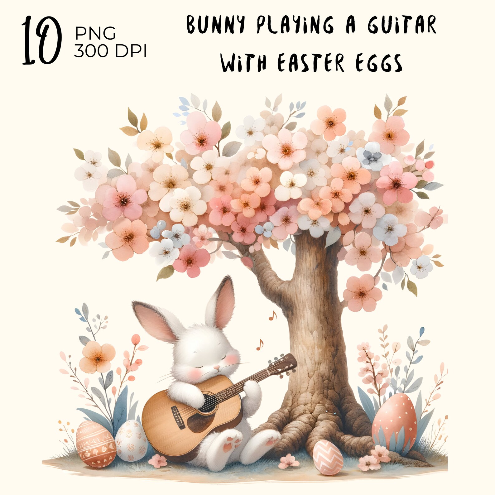 10 PNG Files : Bunny Playing a Guitar With Easter Eggs, Watercolor ...