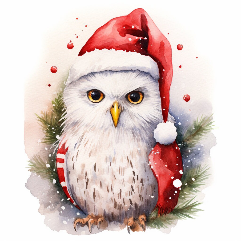 Watercolor Christmas Snowy Owl in Santa Hat, Digital Download, Card ...