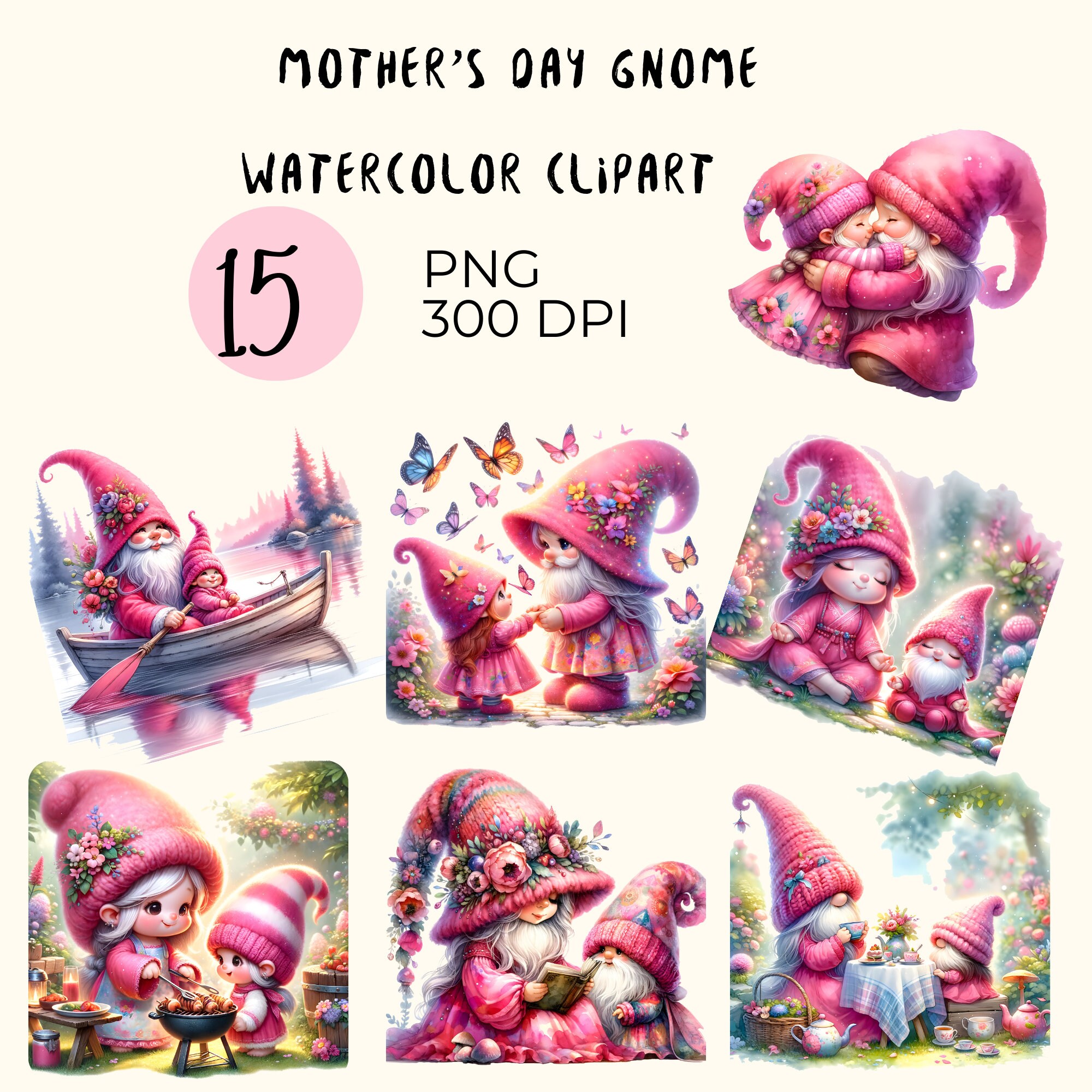 15 PNG Files : Mother's Day Gnome Clipart, Watercolor Gnome Clipart ...