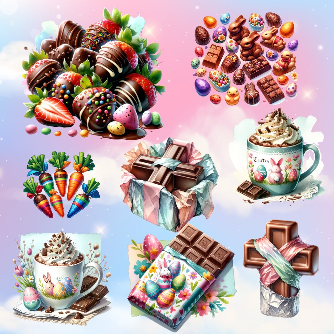 8 PNG Files : Easter Chocolate Clipart, Watercolor Easter Clipart ...