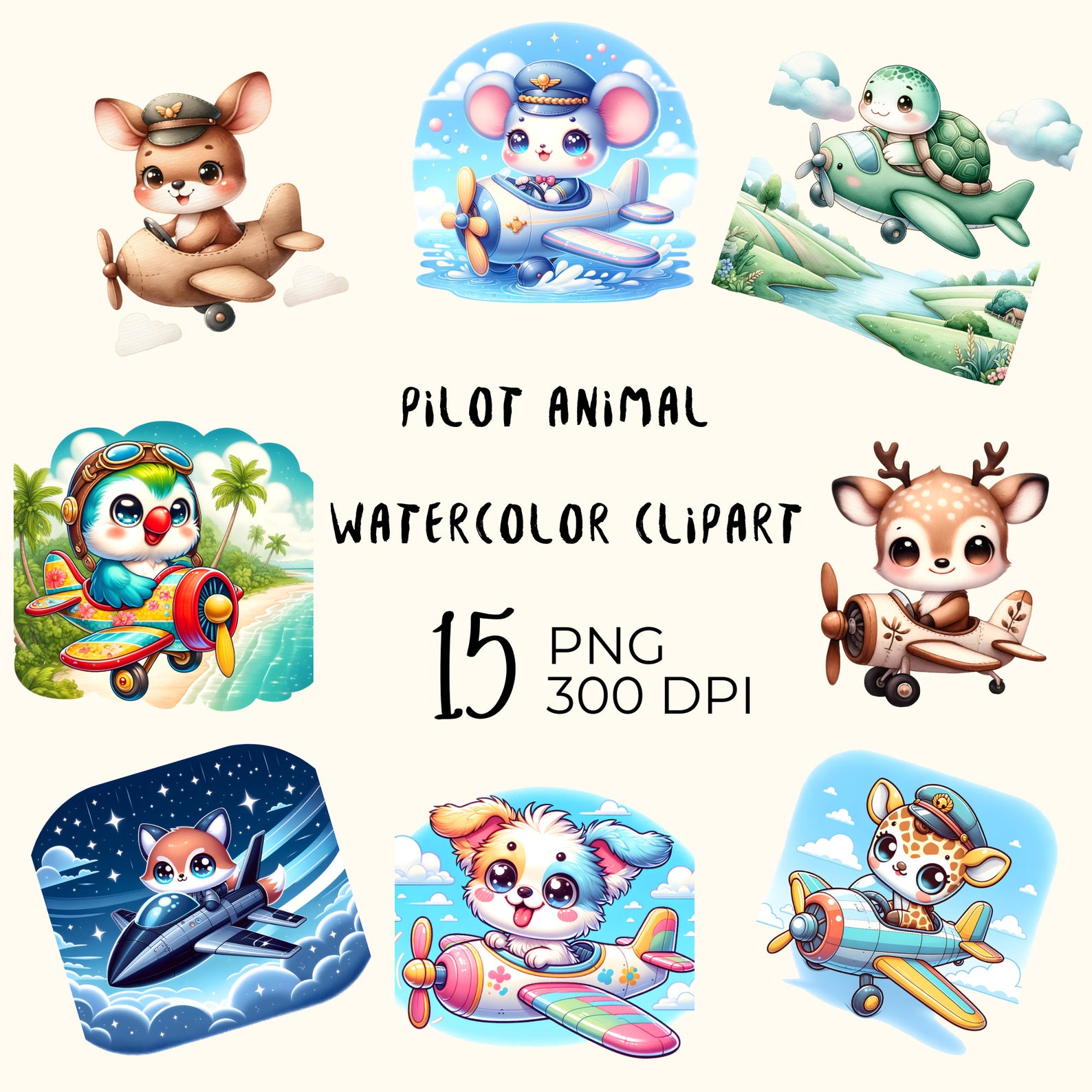 15 PNG Files : Pilot Animal, Watercolor Animal Clipart, Watercolor Png ...