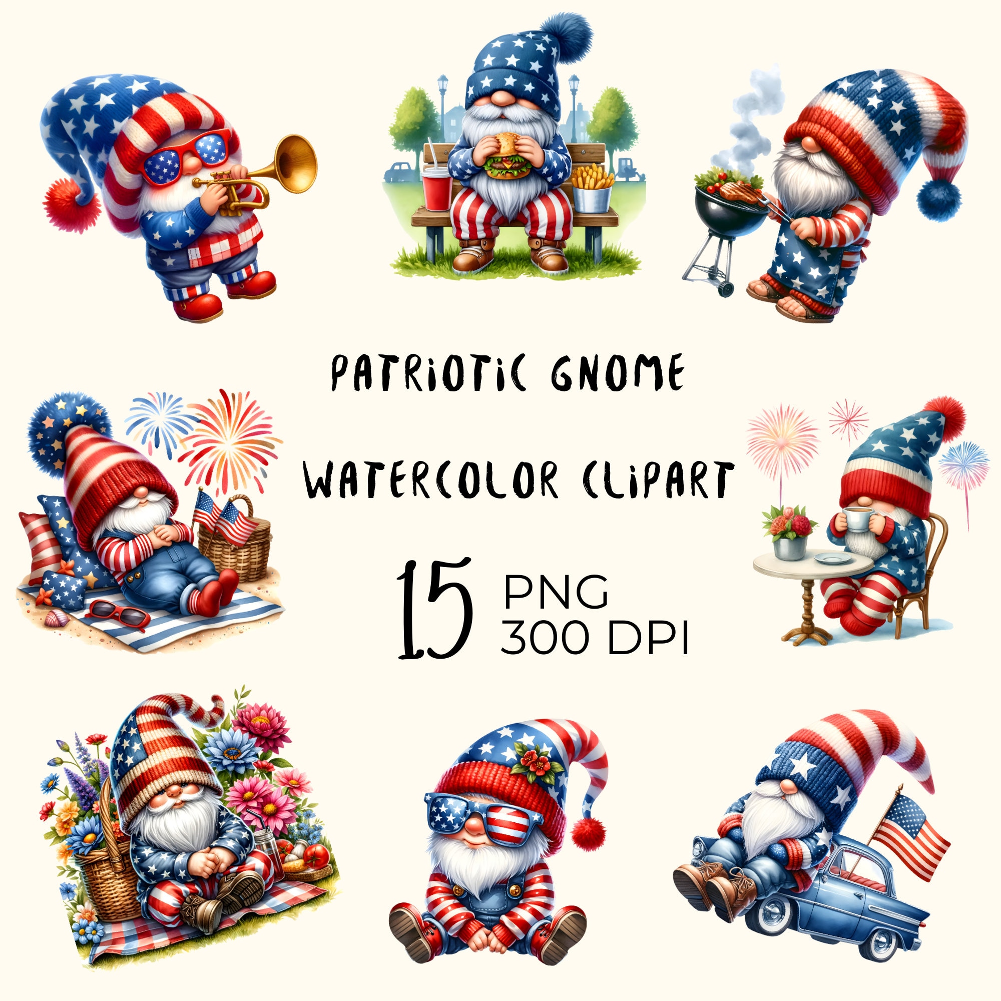 Patriotic Gnome PNG Clipart: Watercolor Summer Gnomes (digital Download ...