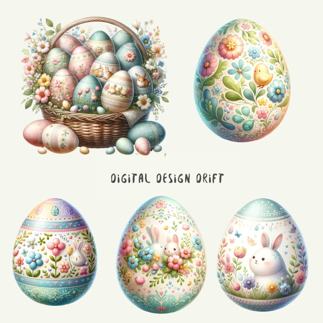 10 PNG Files : Easter Ceramic Egg Clipart, Festive Floral Easter Egg ...