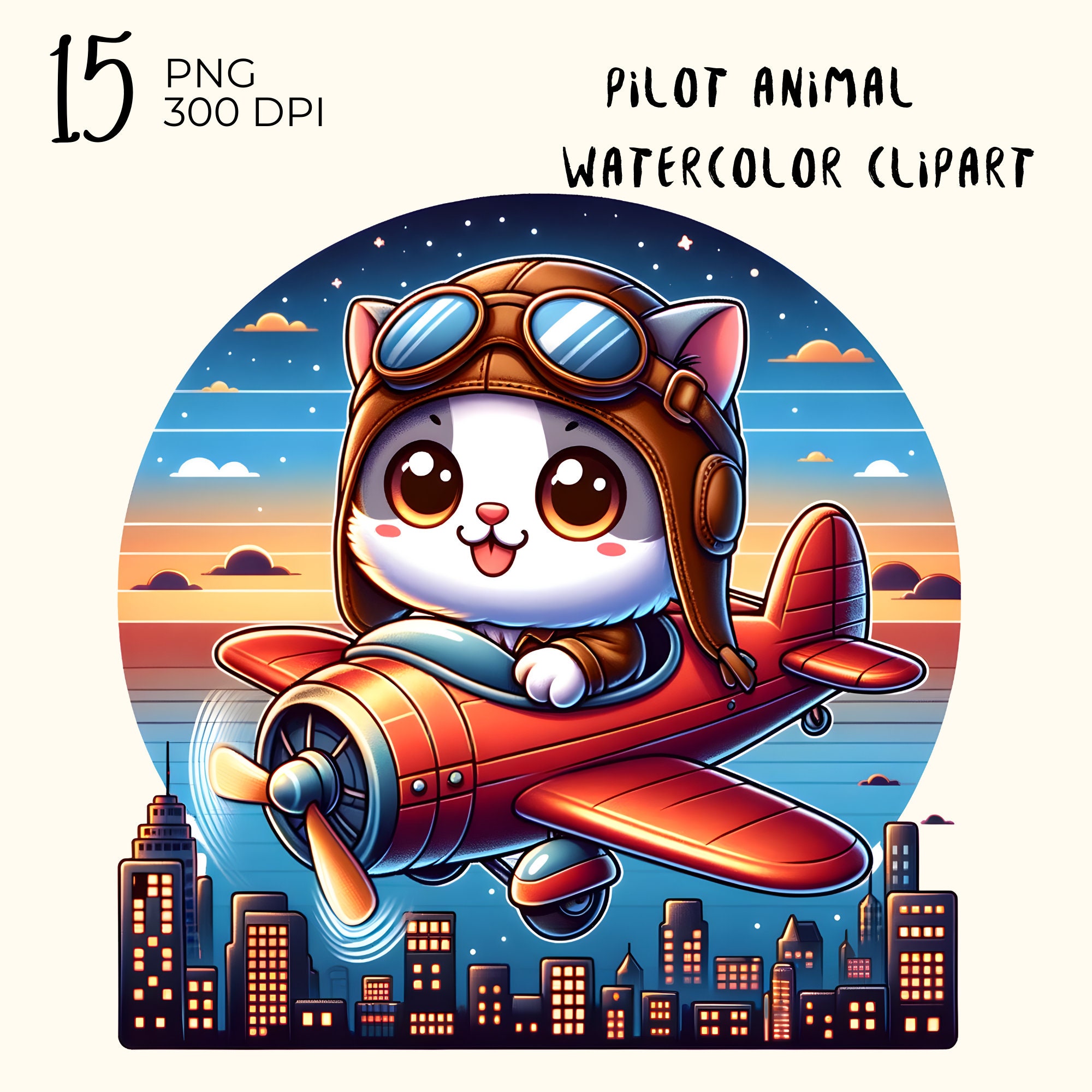 15 PNG Files : Pilot Animal, Watercolor Animal Clipart, Watercolor Png ...