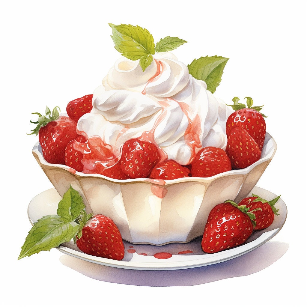 Watercolor Strawberries and Cream, Fruit, Digital Download, Card Making ...