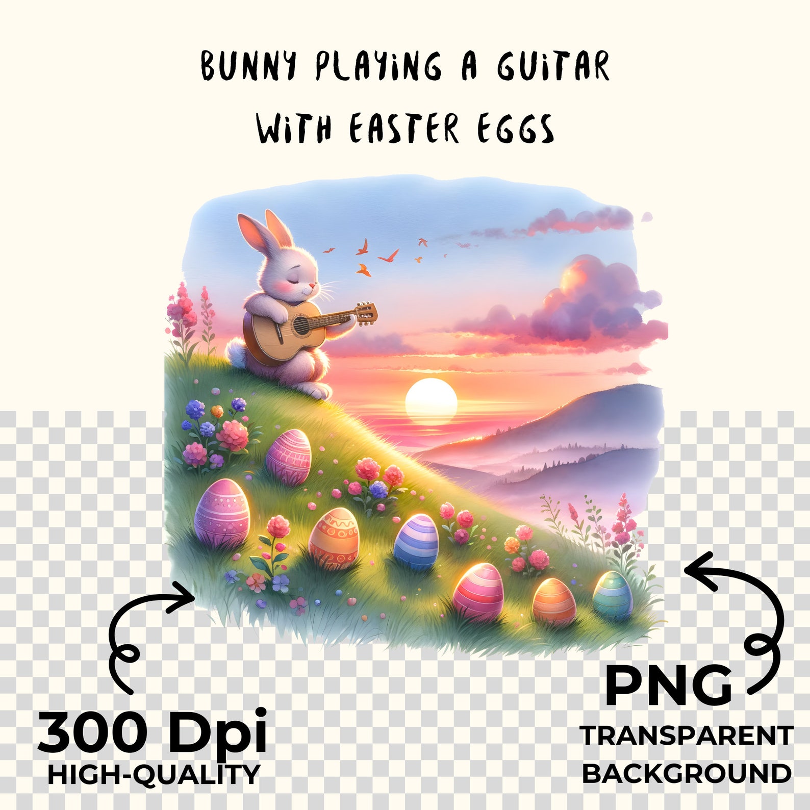 10 PNG Files : Bunny Playing a Guitar With Easter Eggs, Watercolor ...