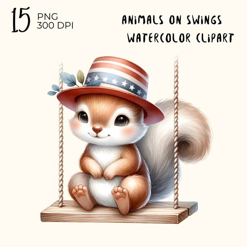 15 Png Files : Animals on Swings, Patriotic Animal, Watercolor 4th of ...