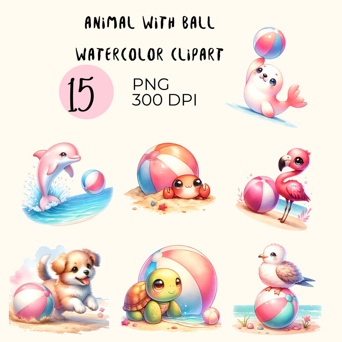 15 PNG Files : Animal With Ball, Watercolor Cute Animal, Watercolor Png ...