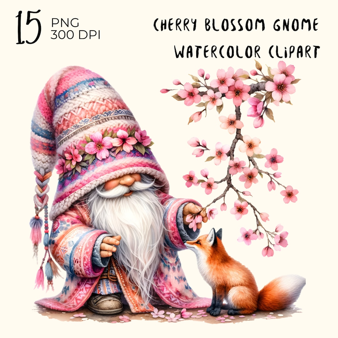 15 PNG Files : Cherry Blossom Gnome Clipart, Watercolor Gnome Png, Pink ...