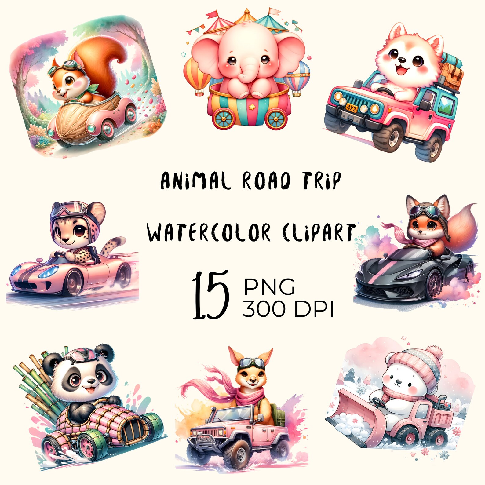 15 PNG Files : Animal Road Trip, Watercolor Clipart, Animal Car, Cute ...
