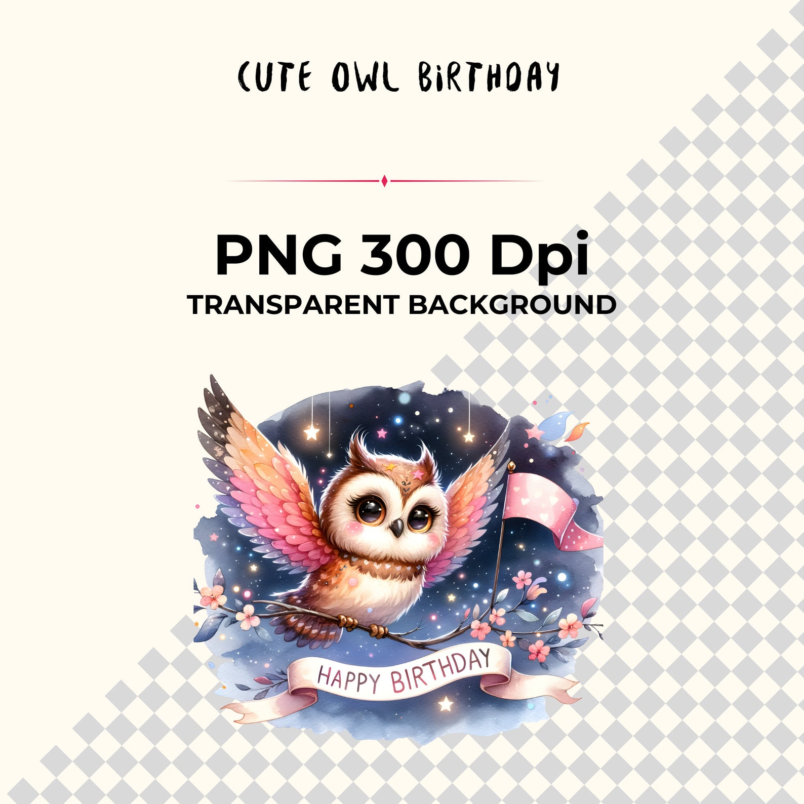 15 PNG Files : Cute Owl With a Birthday Banner, Watercolor Cute Owl ...