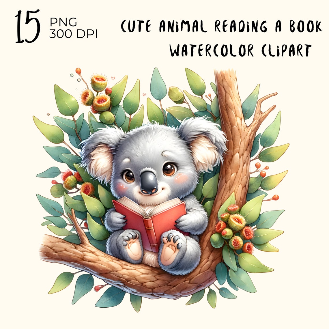 15 PNG Files : Cute Animal Reading a Book, Cute Summer Animal Clipart ...