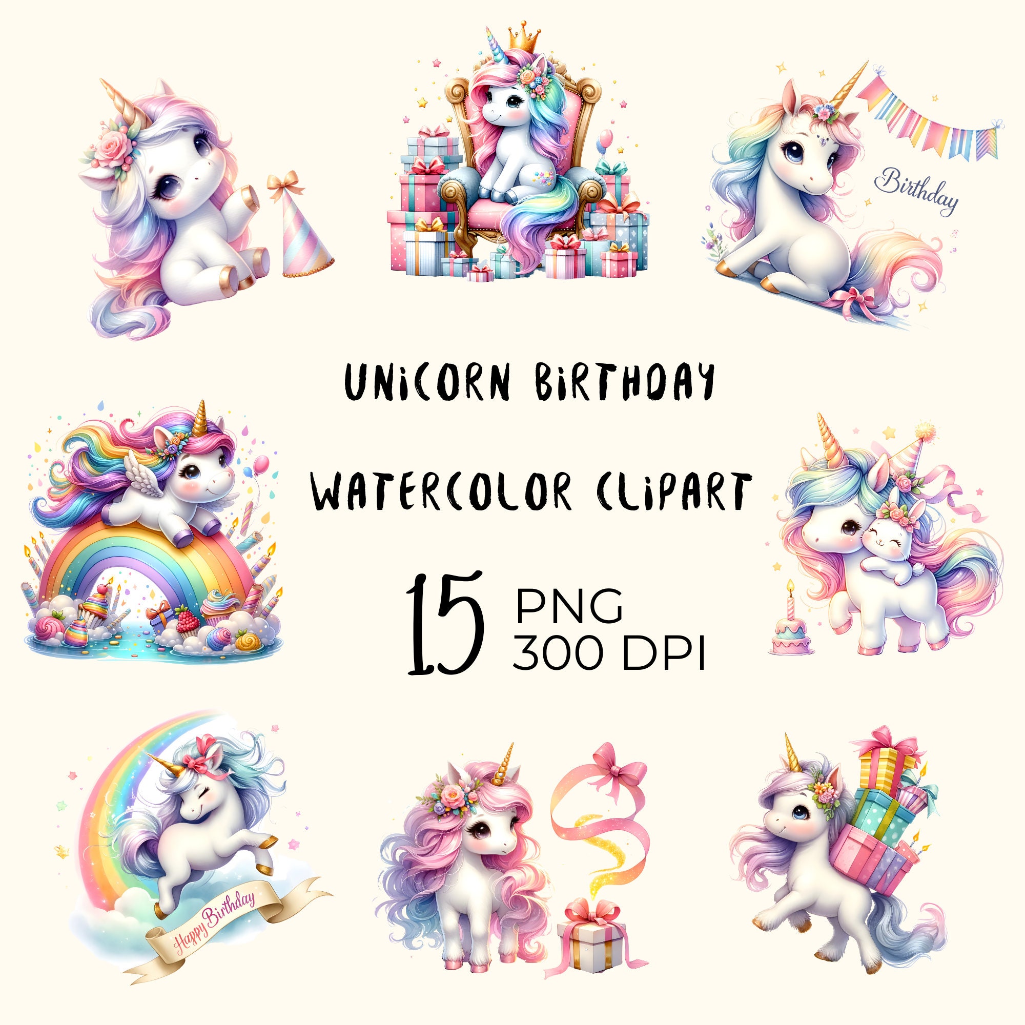 15 PNG Files : Unicorn Birthday Clipart, Cute Unicorn, Kawaii Unicorn ...