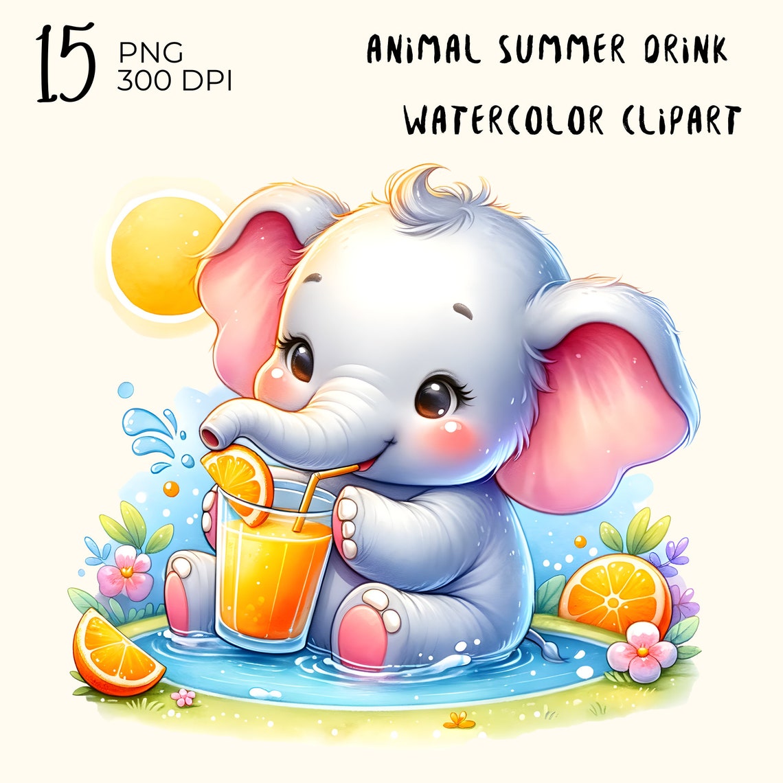 15 PNG Files : Animal Summer Drink, Watercolor Cute Animal, Watercolor ...